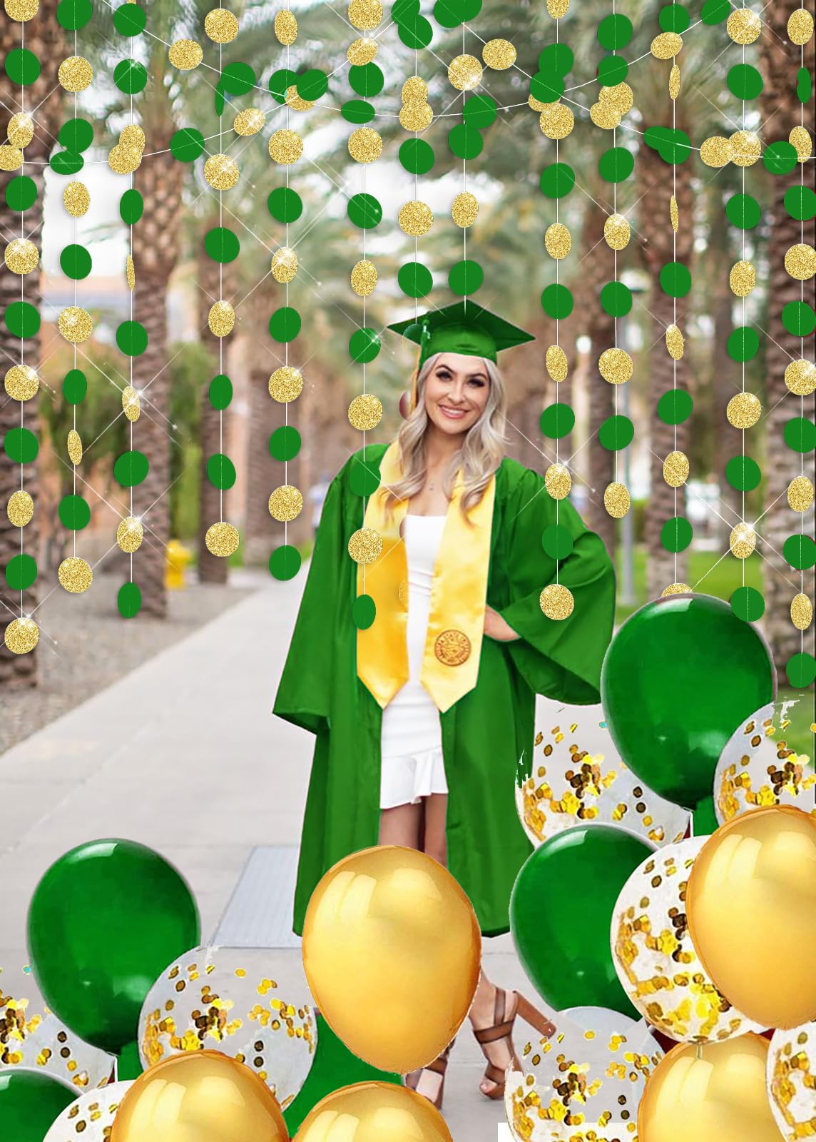 Graduation Party Decorations Green Gold 2024/Green Gold Graduation Decorations/Glitter Gold Green Birthday Party Decorations/St. Patrick’s Day Decorations/2pcs Paper Circle Garlands