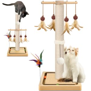 paroto cat scratching post, sisal scratching posts for indoor cats adults with hanging ball and interactive toys, 2 mounting methods cat scratcher for kitten cats, 25 inches