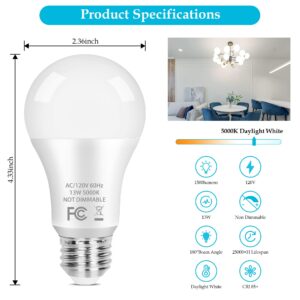 PARTPHONER A19 LED Light Bulb, 100 Watt Equivalent LED Bulbs, 13W Daylight White 5000K, 1500LM, E26 Standard Base Non-Dimmable White LED Light Bulb, CRI 85+, 4-Pack