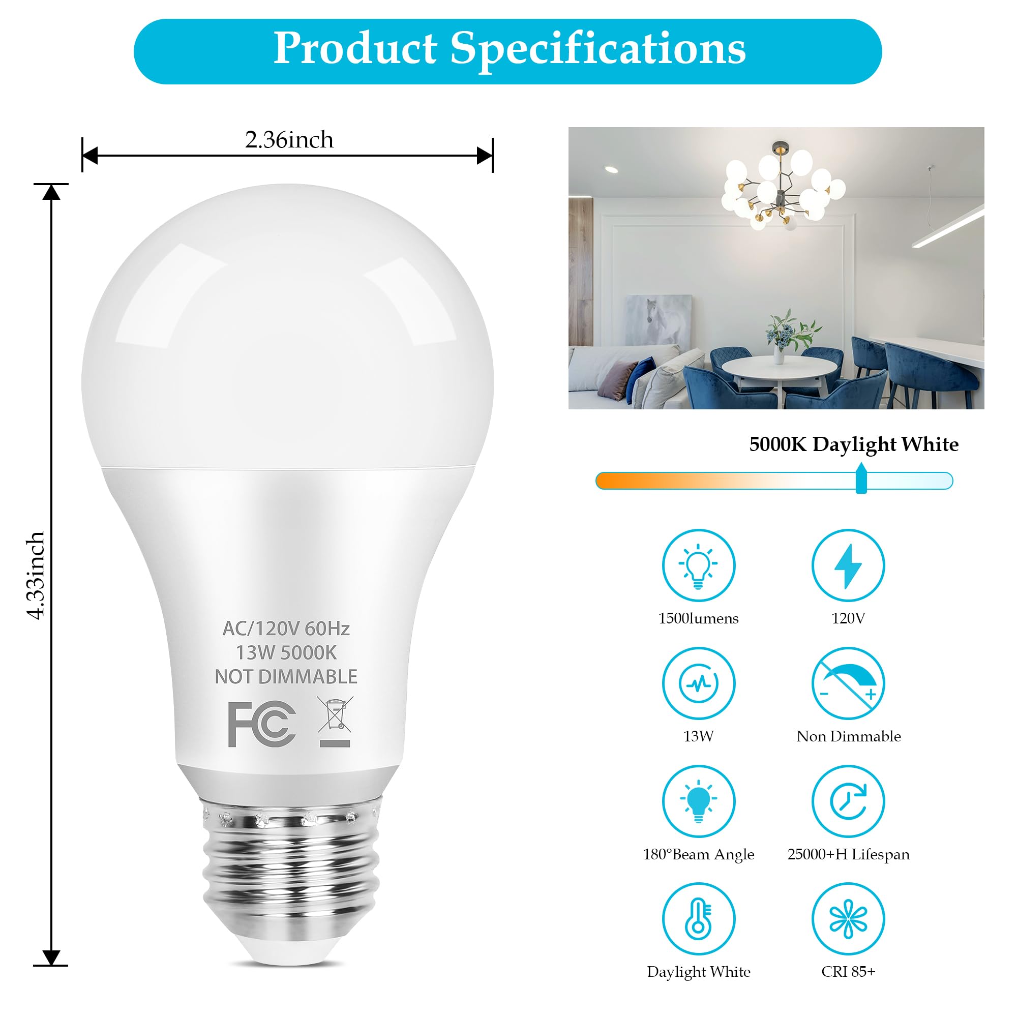 PARTPHONER A19 LED Light Bulb, 100 Watt Equivalent LED Bulbs, 13W Daylight White 5000K, 1500LM, E26 Standard Base Non-Dimmable White LED Light Bulb, CRI 85+, 4-Pack