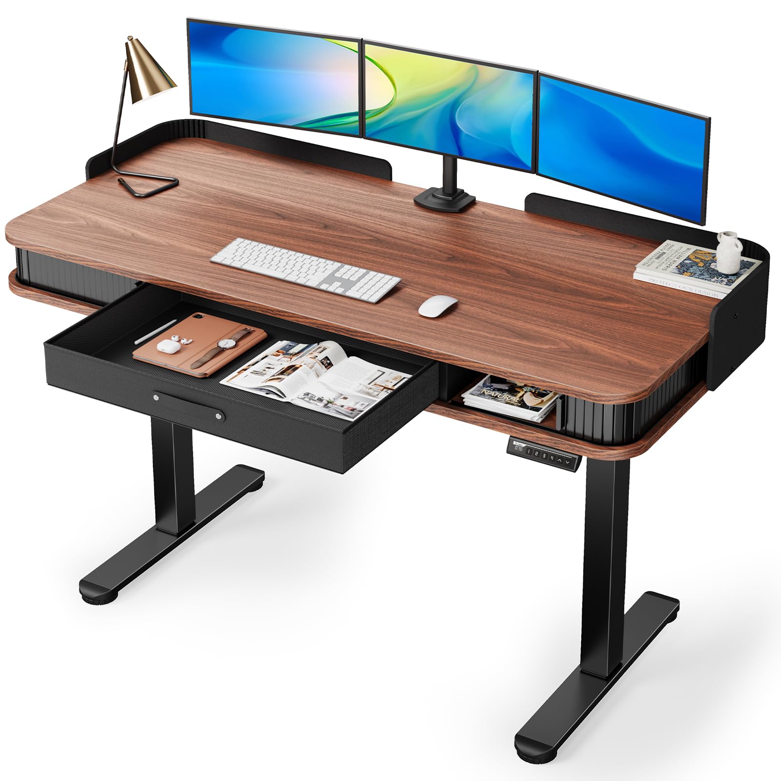 Marsail Electric Standing Desk Whole-Piece Desktop 55 x 28 Inches Height Adjustable Desk with 3 Drawers Home Office Table with 3 Memory Preset