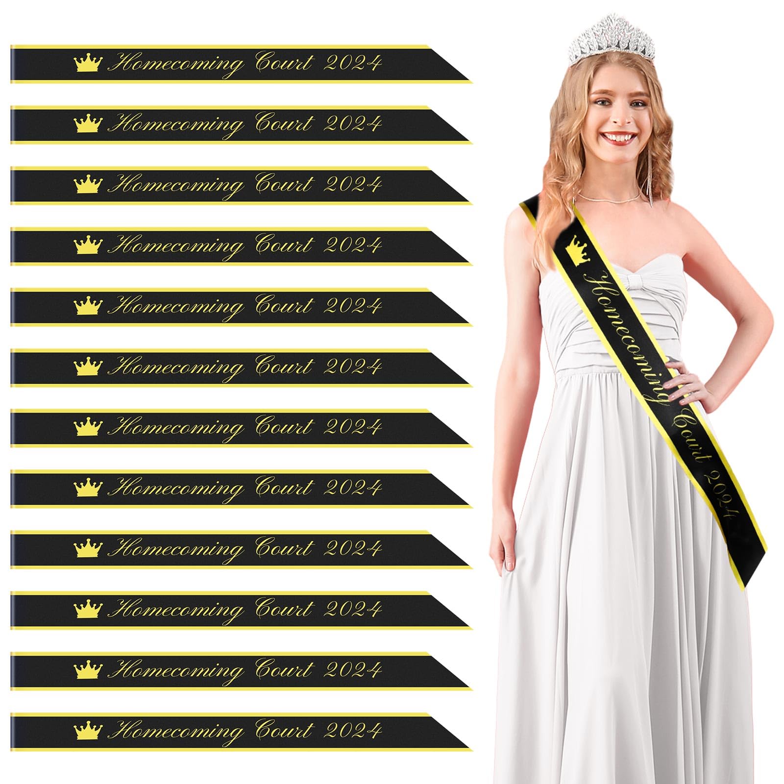 Lasnten 12 Packs Homecoming Court 2024 Sash 72 Inches x 4 Inches Satin Homecoming Sash Bulk for Pageants High School Party Dance Graduation Queen Accessories(Black)