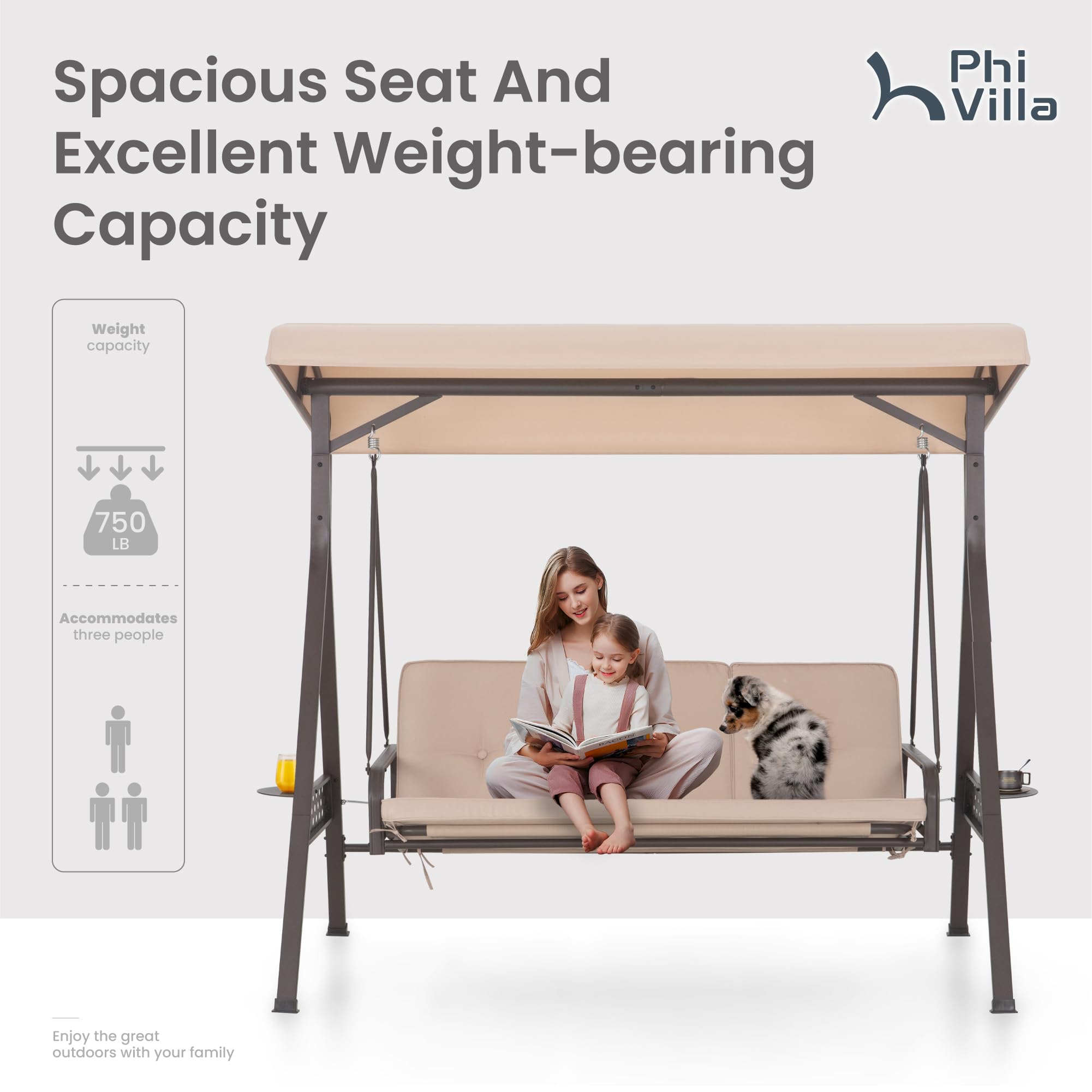 PHI VILLA 3-Seat Porch Swing with Adjustable Canopy,Outdoor Swing Chair with Cup Holders and Removable Cushion,Patio Swing Chair/Bench for Porch, Garden, Poolside, Balcony&Backyard,Beige