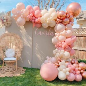 Pink Balloon Arch Kit, 120pcs Macaron Pink Balloon Garland Arch Kit, Orange Apricot and Metallic Rose Gold Balloon for Girls Boho Balloon Arch for Baby Bridal Shower, Birthday Party and Princess Theme