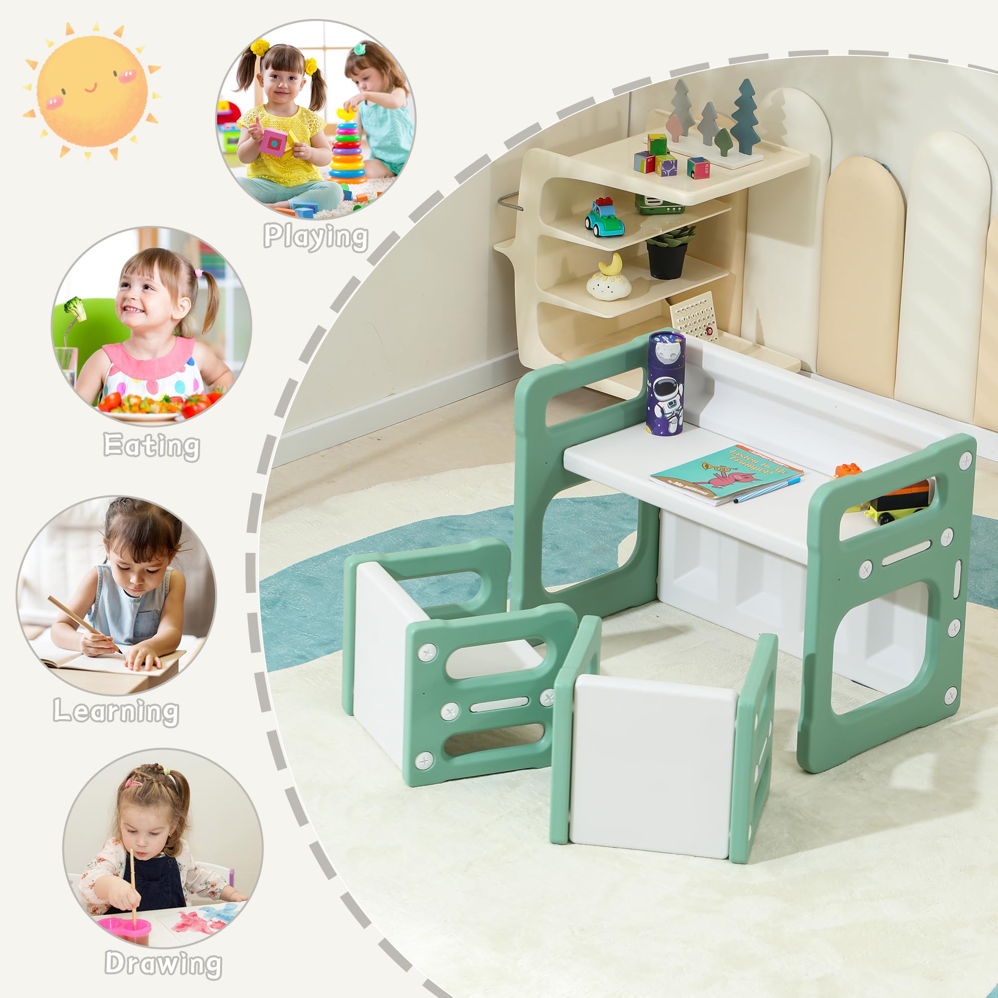 IFLETH Table and Chair Set, Height-Adjustable Toddler Table and Chair Set, Montessori Table Chair for Ages 3-8, Toddler Chairs for Table, Childrens Table for Classroom, Green