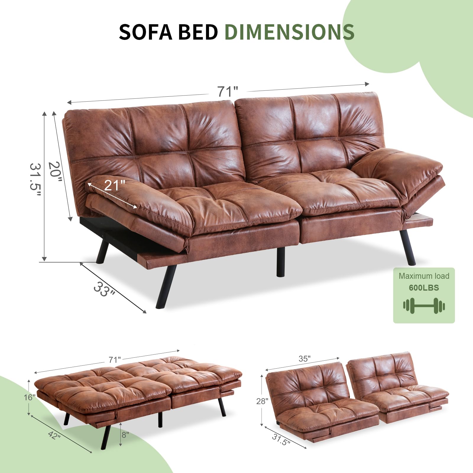 MUUEGM Futon Sofa Bed, Convertible Memory Foam Sleeper Couch,Modern Faux Leather Folding Love seat for Living Room,Small Space,Apartment,Office,Dorm,Adjustable Backrests Armrests 71" Sofa Bed, Brown