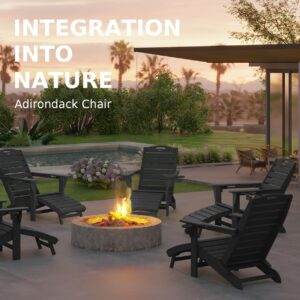 Ciokea Folding Adirondack Chair with Retractable Ottoman Fire Pit Patio Chair with Pull Out Foot Rest Weather Resistant Lawn Outdoor Lounge Chair with 2 Cup Holder (Black)