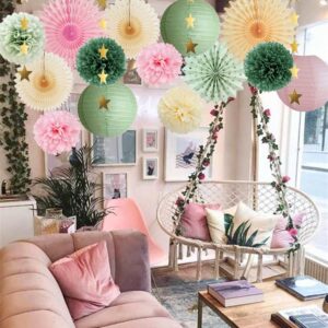 Sage Green and Pink Party Decorations Olive Tissue Paper Pom Poms Light Pink Paper Lanterns Cream Fans for Sage Green and Pink Birthday Party Decorations Baby Shower Bridal Shower Wedding Engagement