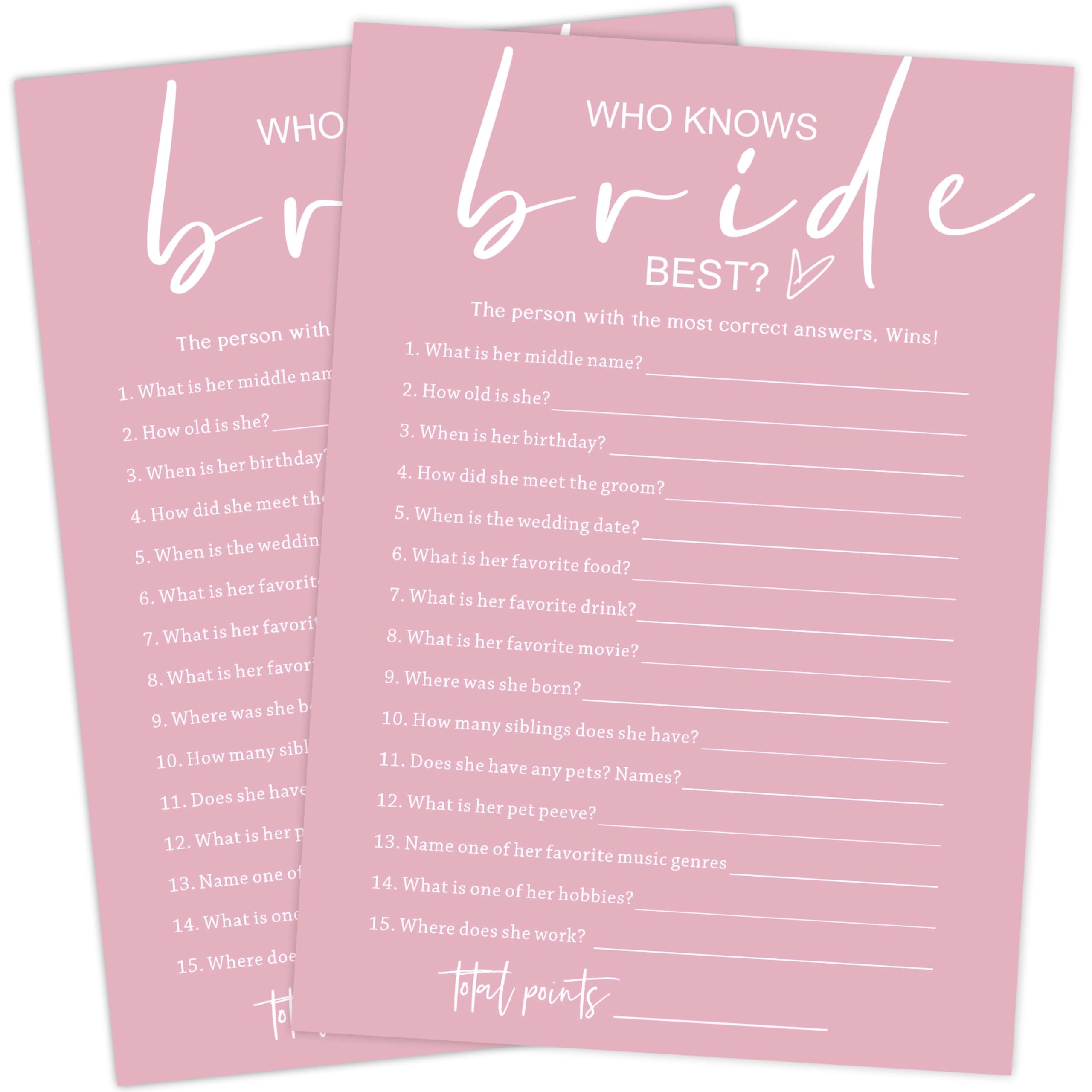 Pink Theme Bridal Shower Games 25 Guests, Who Knows Bride Best Bridal Games, Wedding Advice Cards, Wedding Games for Reception, Bride Groom Wedding Bachelorette Engagement Party Supplies-B03