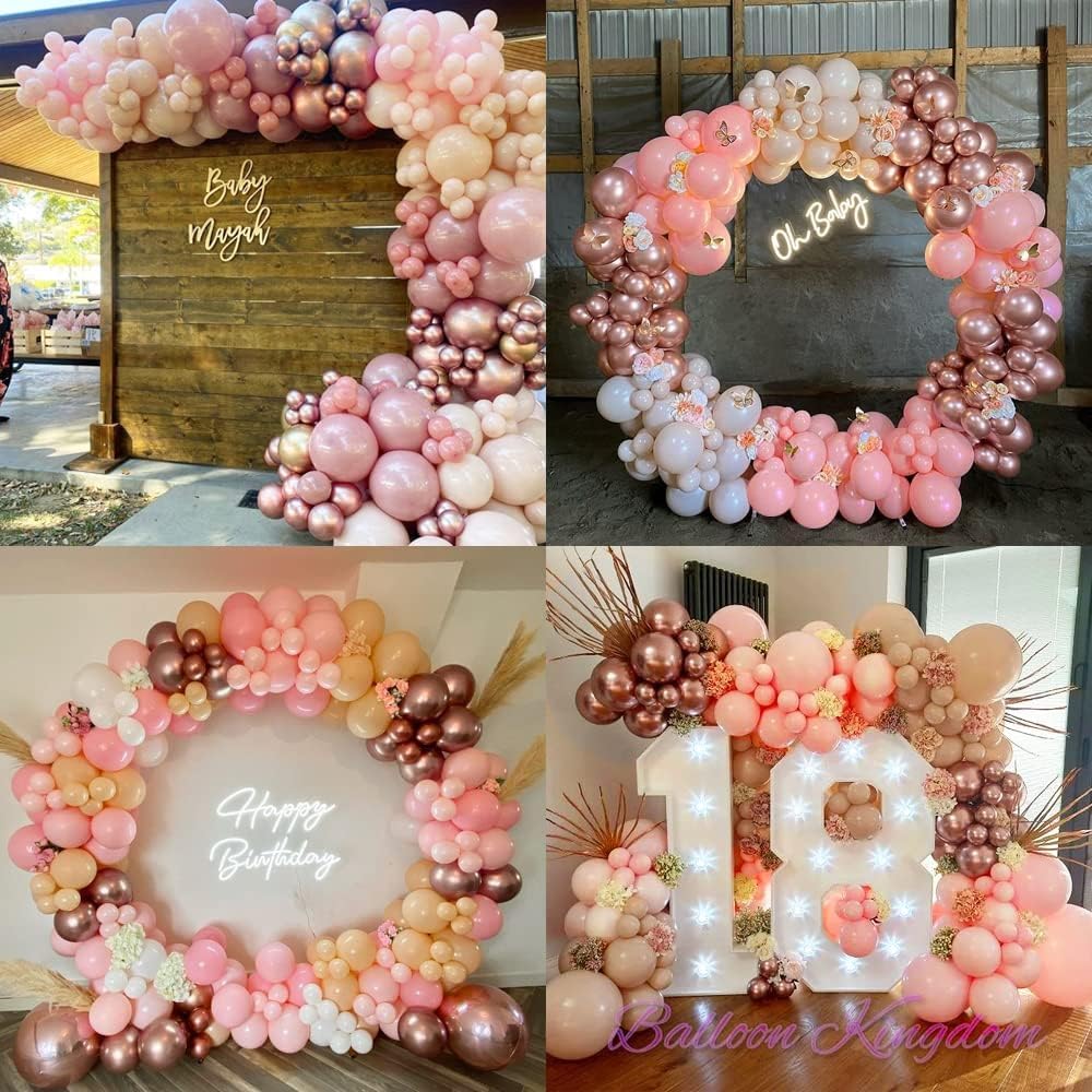 Pink Balloon Arch Kit, 120pcs Macaron Pink Balloon Garland Arch Kit, Orange Apricot and Metallic Rose Gold Balloon for Girls Boho Balloon Arch for Baby Bridal Shower, Birthday Party and Princess Theme