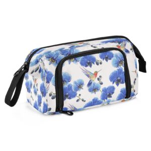 dehozo portable pencil case pen bag with zipper, blue flower orchid hummingbird large pencil pouch pen case stationery bag for office school student, multifunctional pen box for girl boy men women