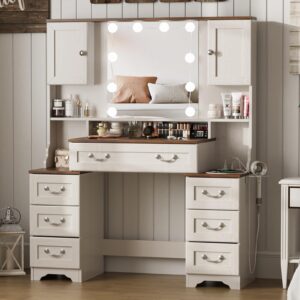 Fameill Vanity Desk with Mirror, Farmhouse Makeup Vanity Desk with Lights, White Makeup Vanity Table with 7 Drawers & 2 Cabinets, 4 Charging Stations, 10 Detachable Light Bulbs