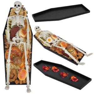 seeloowy 32'' halloween coffin charcuterie board with 36" skeleton extra large wooden coffin serving tray board 3 ft skeleton spooky gothic home decor for halloween party gothic accessories