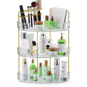 euhome 3-tier corner bathroom counter organizer makeup cosmetic storage, tool-free installation acrylic vanity shelf, countertop storage organizers perfume tray for bathroom, dresser, kitchen (clear)