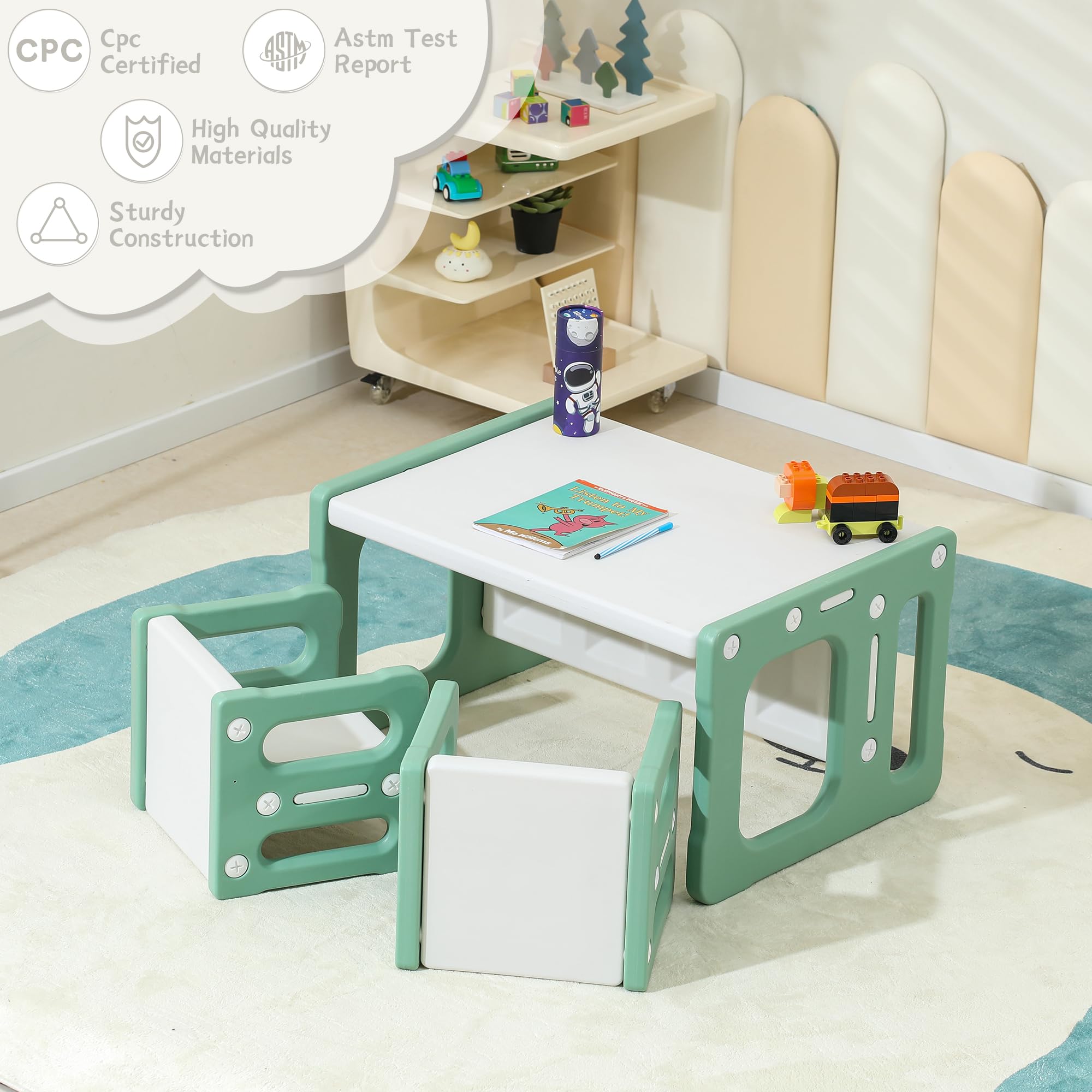 IFLETH Table and Chair Set, Height-Adjustable Toddler Table and Chair Set, Montessori Table Chair for Ages 3-8, Toddler Chairs for Table, Childrens Table for Classroom, Green