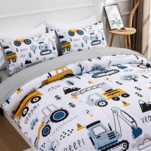 NTBED 5 Pieces Construction Truck Full Comforter Set for Boys Kids Forest Vehicles Excavator Lightweight Microfiber Bedding Sets