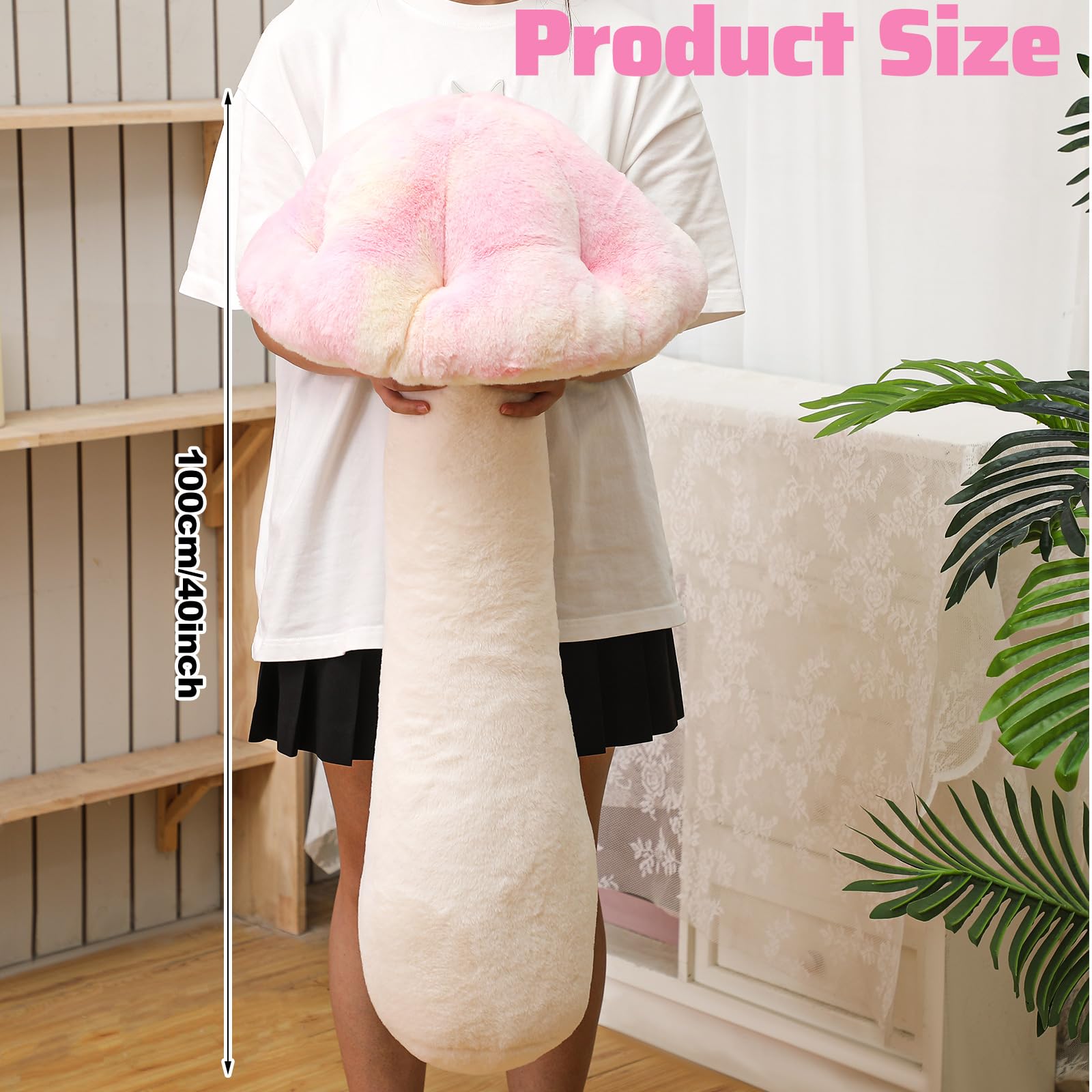 HunnmingRe 39.4'' Mushroom Body Pillow Long Plush Mushroom Shaped Pillow Cute Sleeping Hugging Pillow Stuffed Giant Mushroom Body Pillow for Christmas Birthday Gift Car Sofa Home Decoration