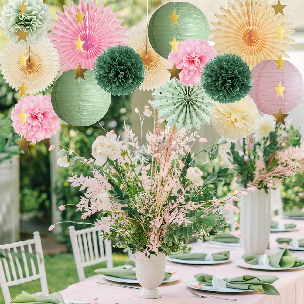 Sage Green and Pink Party Decorations Olive Tissue Paper Pom Poms Light Pink Paper Lanterns Cream Fans for Sage Green and Pink Birthday Party Decorations Baby Shower Bridal Shower Wedding Engagement