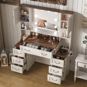 Fameill Vanity Desk with Mirror, Farmhouse Makeup Vanity Desk with Lights, White Makeup Vanity Table with 7 Drawers & 2 Cabinets, 4 Charging Stations, 10 Detachable Light Bulbs