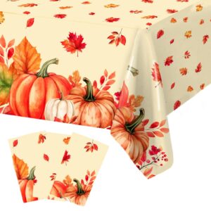 3 pack thanksgiving tablecloth disposable fall pumpkin maple plastic tablecloths for rectangle tables friendsgiving waterproof table cover for fall decorations for home, thanksgiving party table decor