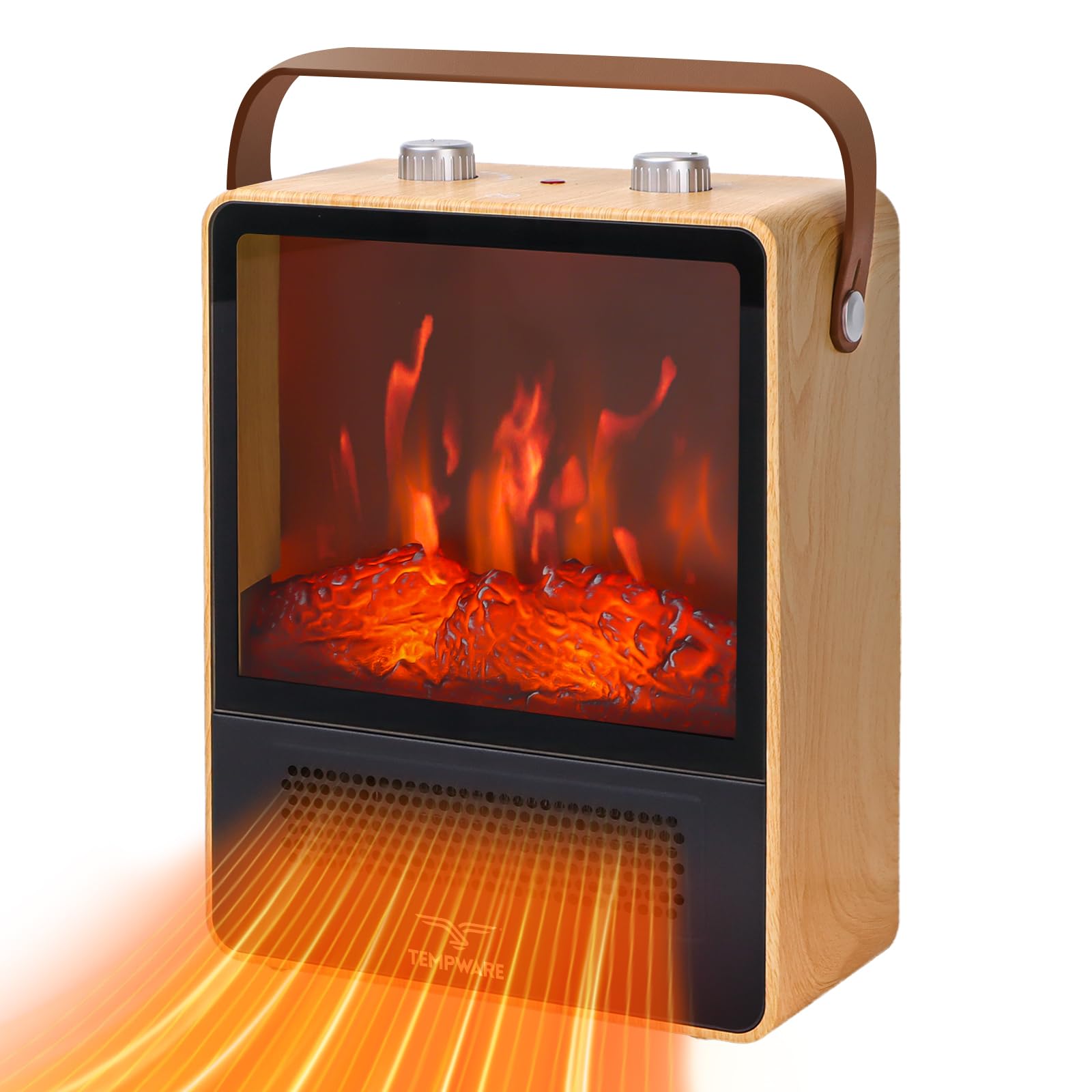 TEMPWARE Electric Fireplace Heater, 1500W Portable Space Heater, Fireplace with Realistic 3D Flame Effect and Overheating Safety Protection, Quiet and Safe for Indoor Use Office Bedroom, Oak