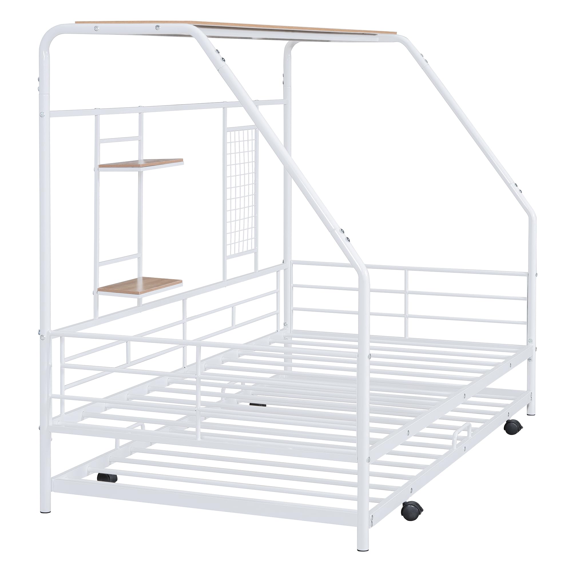 Linique Twin Size Metal House Bed with Trundle,Twin Size Platform Metal Bedframes with Built-in Shelf and Grid,White