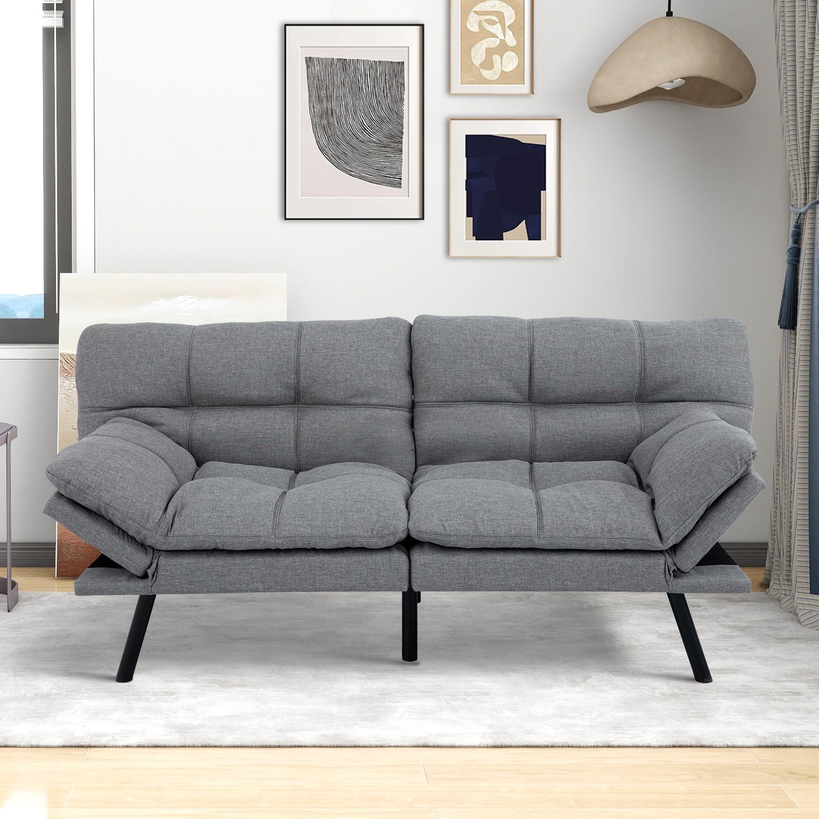 MUUEGM Futon Sofa Bed, Convertible Memory Foam Futon Couch Bed, Modern Love Seat Daybed Sofa for Living Room,Small Space,Office,Adjustable Backrests Armrests 71" Sofa Bed,Light Grey