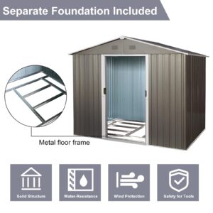 CuisinSmart 8 x 6 Ft Outdoor Storage Shed, All Weather Metal Sheds with Lockable Doors, Floor, Sloping Roof and 2 Vent, Outside Waterproof Tool Shed for Garden, Patio, Backyard, Lawn,Gray