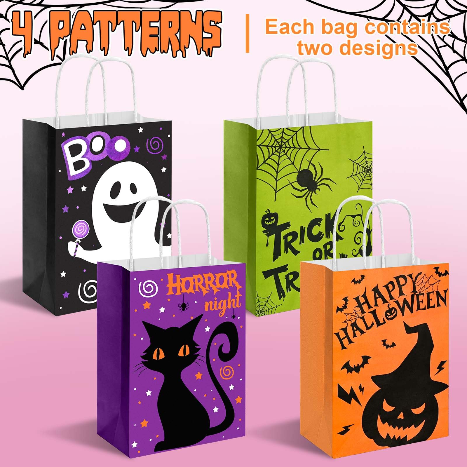 24Pcs Halloween Trick or Treat Paper Gift Bags Happy Halloween Theme Candy Bags with Handles Pumpkin Ghost Black Cat Goodie Favors Bags for Gift Wrapping Holiday Birthday Party DIY Crafts