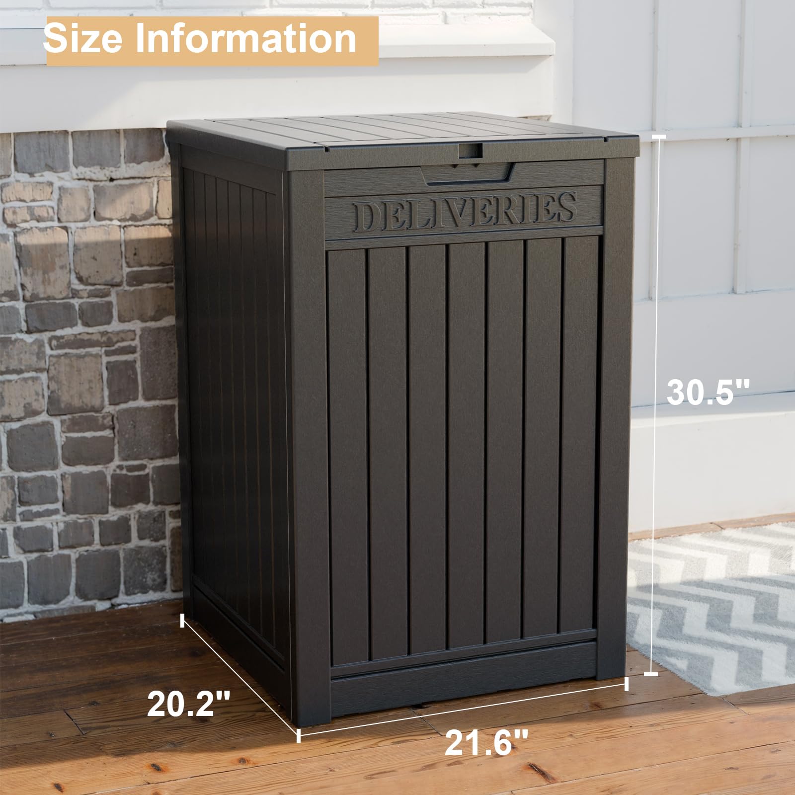 MAIUSCOLI 48 Gallon Resin Package Delivery Box - Rust & Moisture Resistant, Lockable, Waterproof Deck Box for Porches, Patios, Indoor & Outdoor Use (Black)