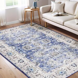 qxkaka washable area rug 5x7, non-slip vintage floral rug low pile stain resistant chenille throw carpet for living room bedroom kitchen dining room dorm farmhouse boho home decor (blue)