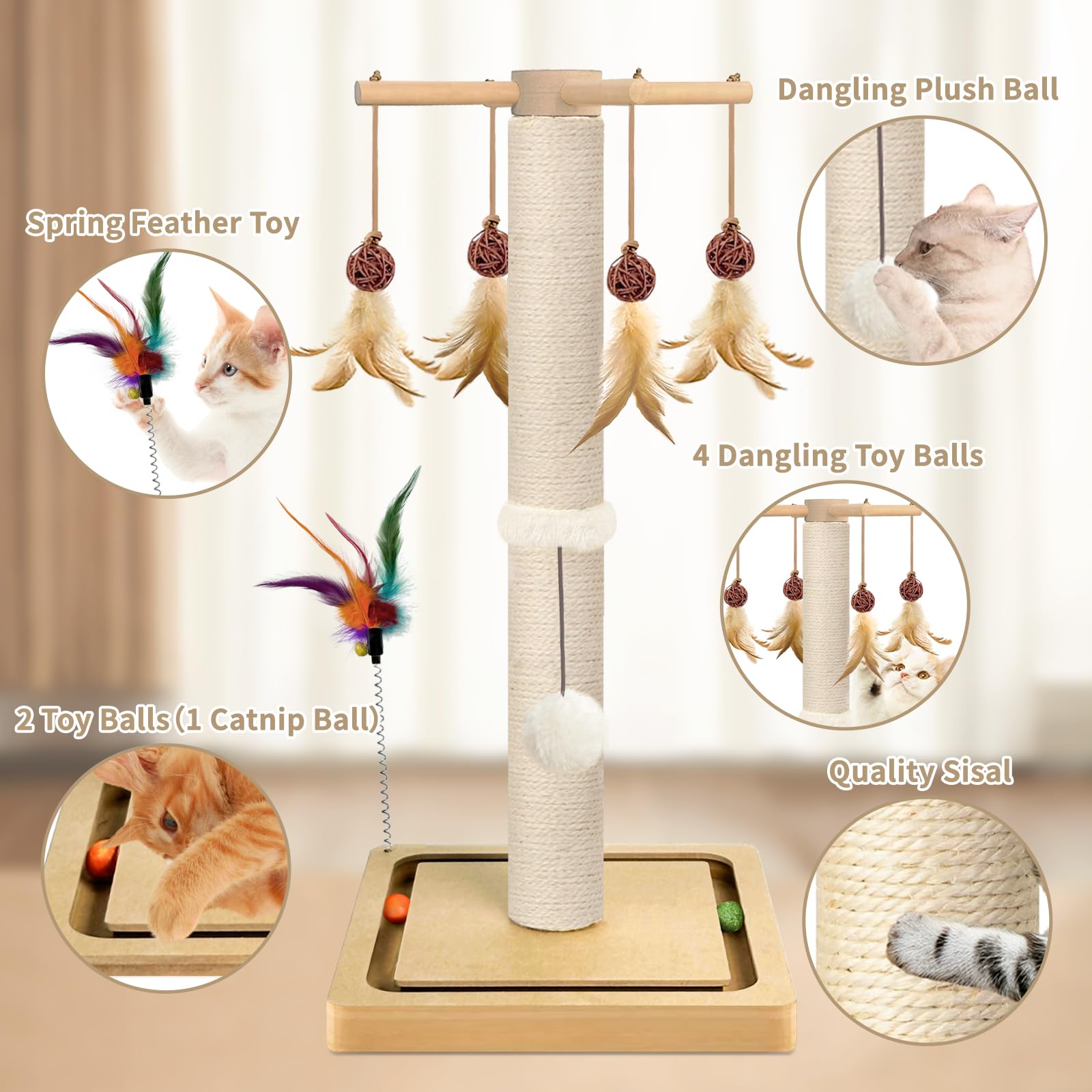 Paroto Cat Scratching Post, Sisal Scratching Posts for Indoor Cats Adults with Hanging Ball and Interactive Toys, 2 Mounting Methods Cat Scratcher for Kitten Cats, 25 inches