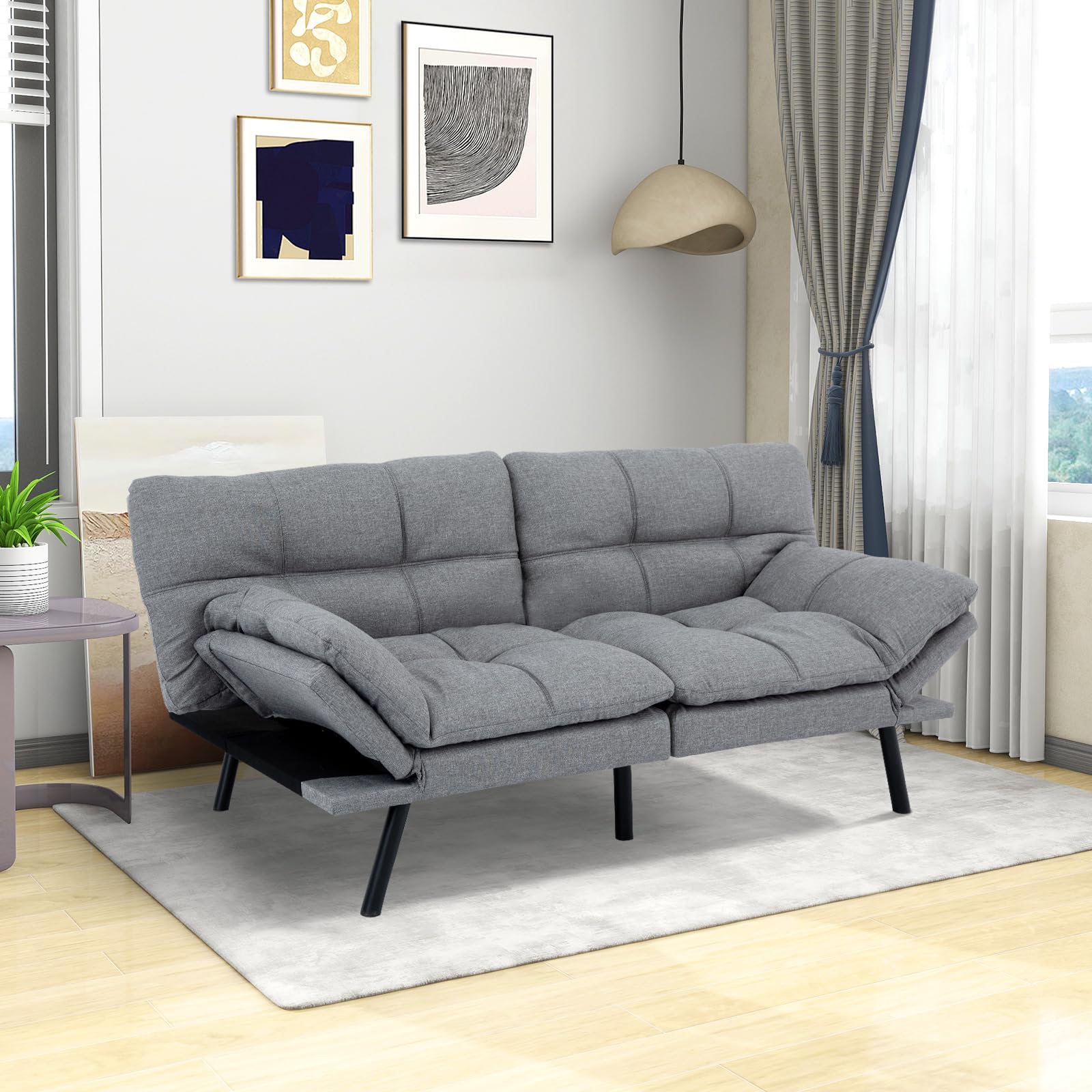 MUUEGM Futon Sofa Bed, Convertible Memory Foam Futon Couch Bed, Modern Love Seat Daybed Sofa for Living Room,Small Space,Office,Adjustable Backrests Armrests 71" Sofa Bed,Light Grey