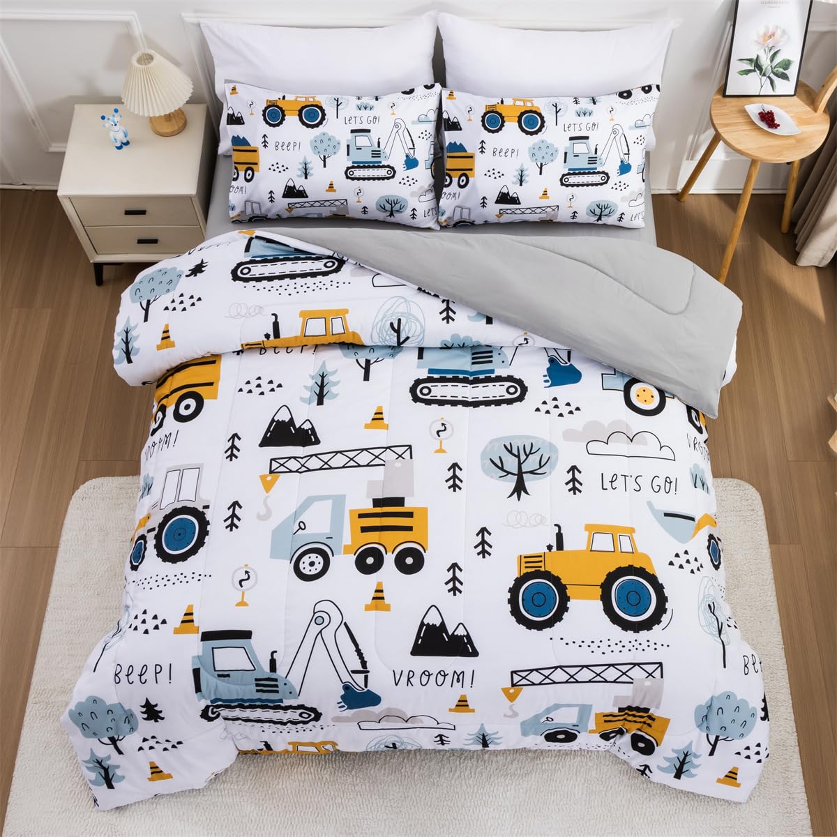 NTBED 5 Pieces Construction Truck Full Comforter Set for Boys Kids Forest Vehicles Excavator Lightweight Microfiber Bedding Sets