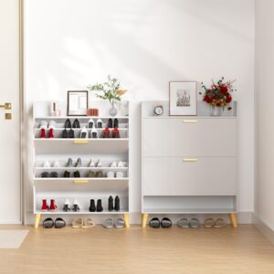 Garden 4 you Shoe Cabinet with 2 Flip Drawers, Freestanding Shoe Cabinet Organizer with Wooden Leg, Narrow Shoes Storage Cabinet for Entryway, Hallway, Living Room, Bedroom (White)