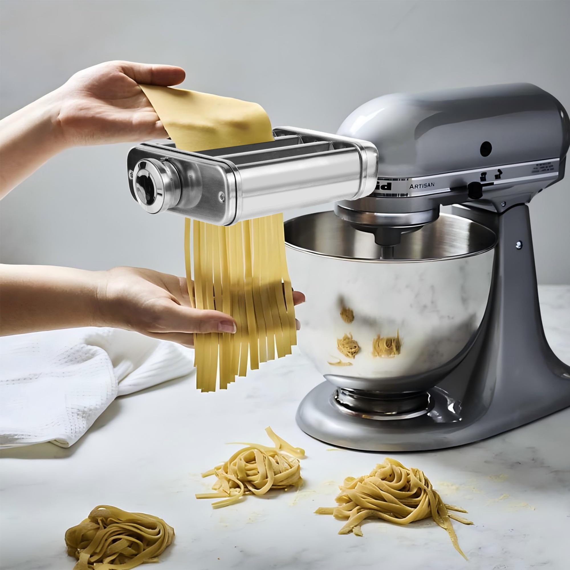 Wiselet Stainless Steel 3 In 1 Pasta Maker Attachment for KitchenAid Stand Mixer, Included Pasta Sheet Roller Spaghetti and Fettucine Cutter, Heavy Duty Sturdy and Durable