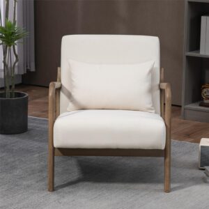 Mid Century Modern Chair, Wide Accent Chair with Arms, Upholstered Velvet Fabric Armchair with Waist Cushion for Living Room, Bedroom, Belcony (Beige)