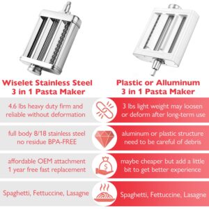 Wiselet Stainless Steel 3 In 1 Pasta Maker Attachment for KitchenAid Stand Mixer, Included Pasta Sheet Roller Spaghetti and Fettucine Cutter, Heavy Duty Sturdy and Durable