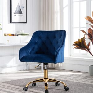 Warmiehomy Velvet Desk Chair with Wheels, Gold Base Office Chair Adjustable Ergonomic Computer Chair Tufted Back Swivel Vanity Chair for Office Living Room Bedroom,Navy