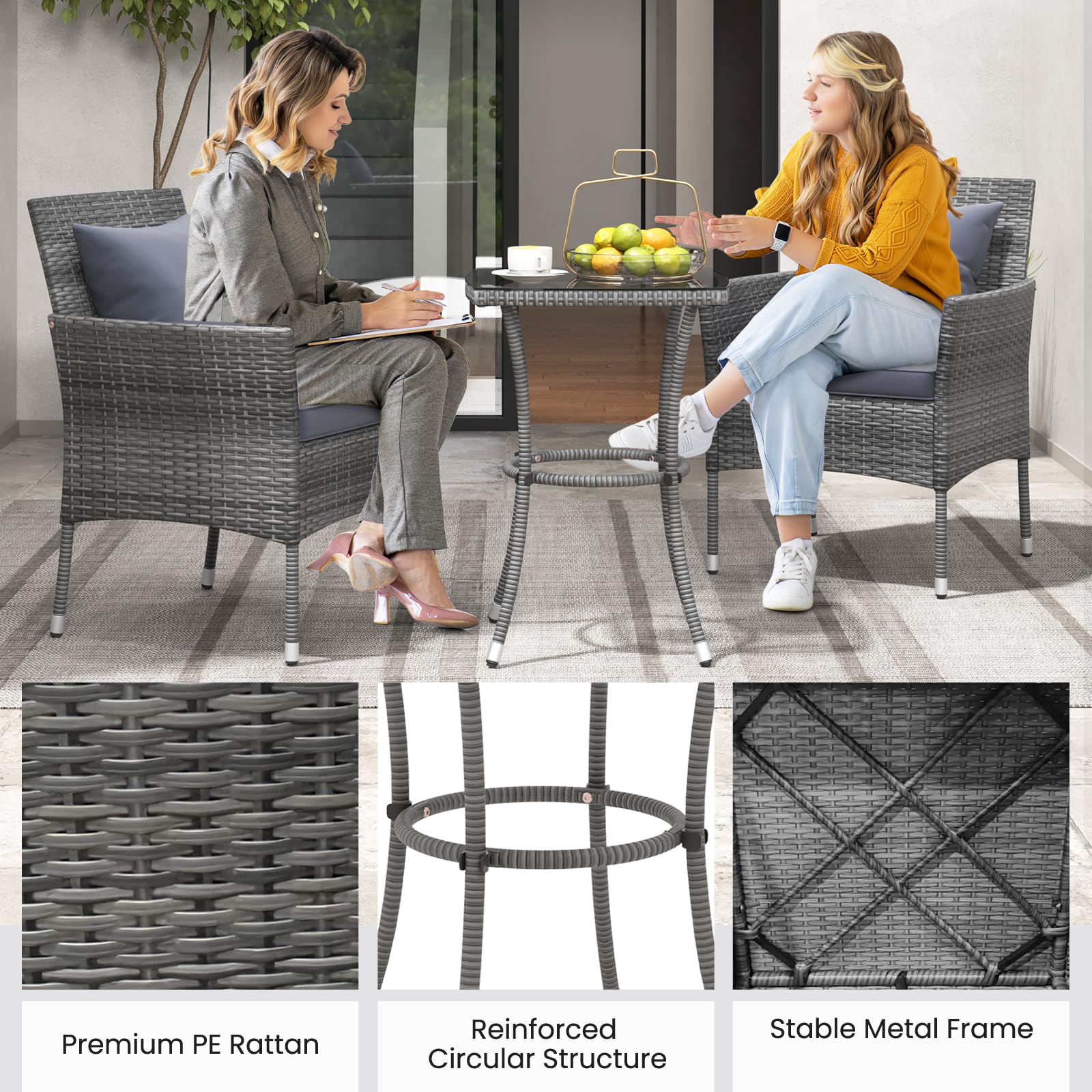 KOTEK 3 Pieces Patio Furniture Set, PE Rattan Outdoor Conversation Set with Tempered Glass Table & Soft Cushions, Wicker Bistro Set for Garden, Porch, Balcony (Grey)