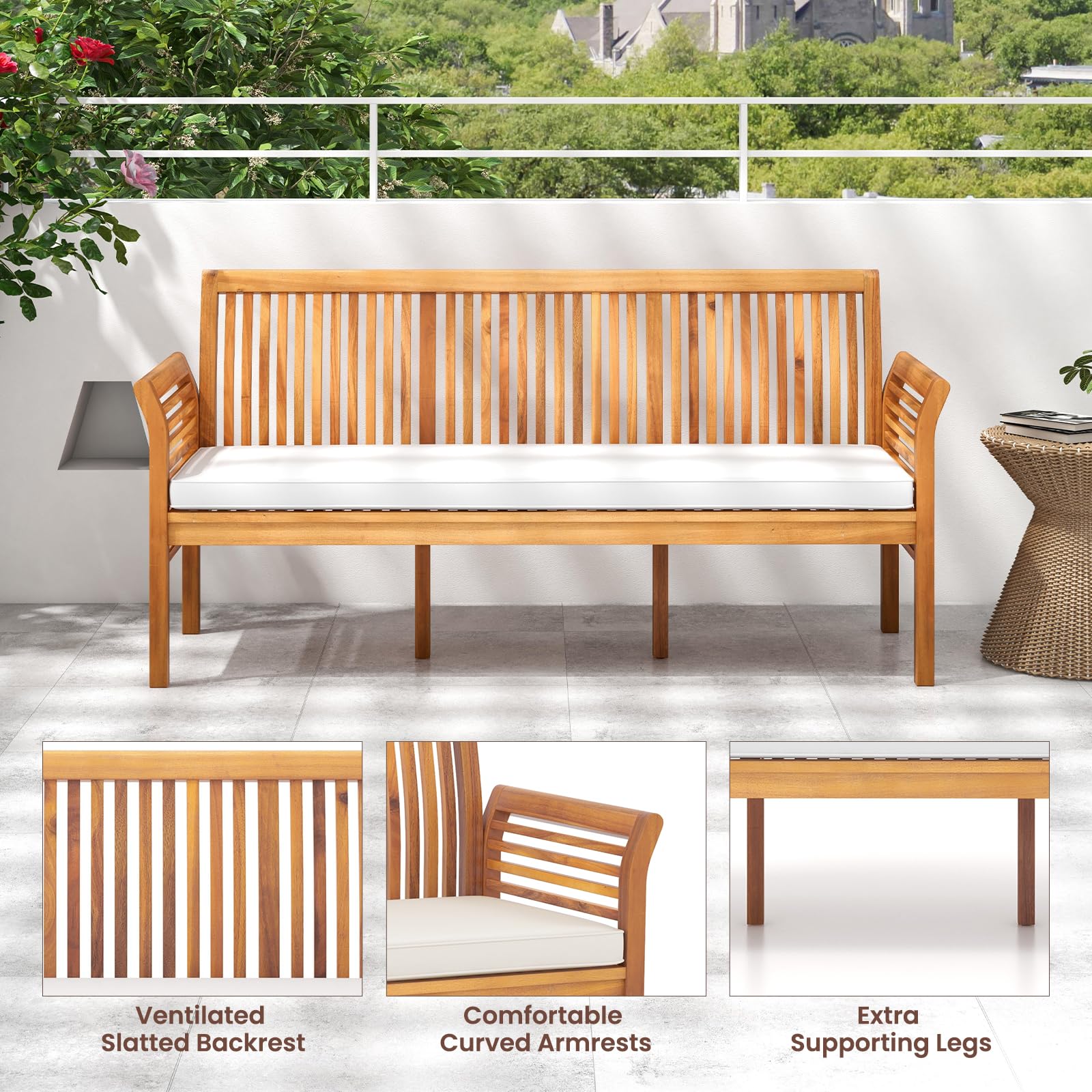 RELAX4LIFE 62.5’’ Outdoor Bench Acacia Wood - 3-Person Patio Bench w/Backrest, Armrests & Removable Seat Cushion, Slatted Wooden Garden Bench for Front Porch Park Backyard, 1200 LBS Weight Capacity