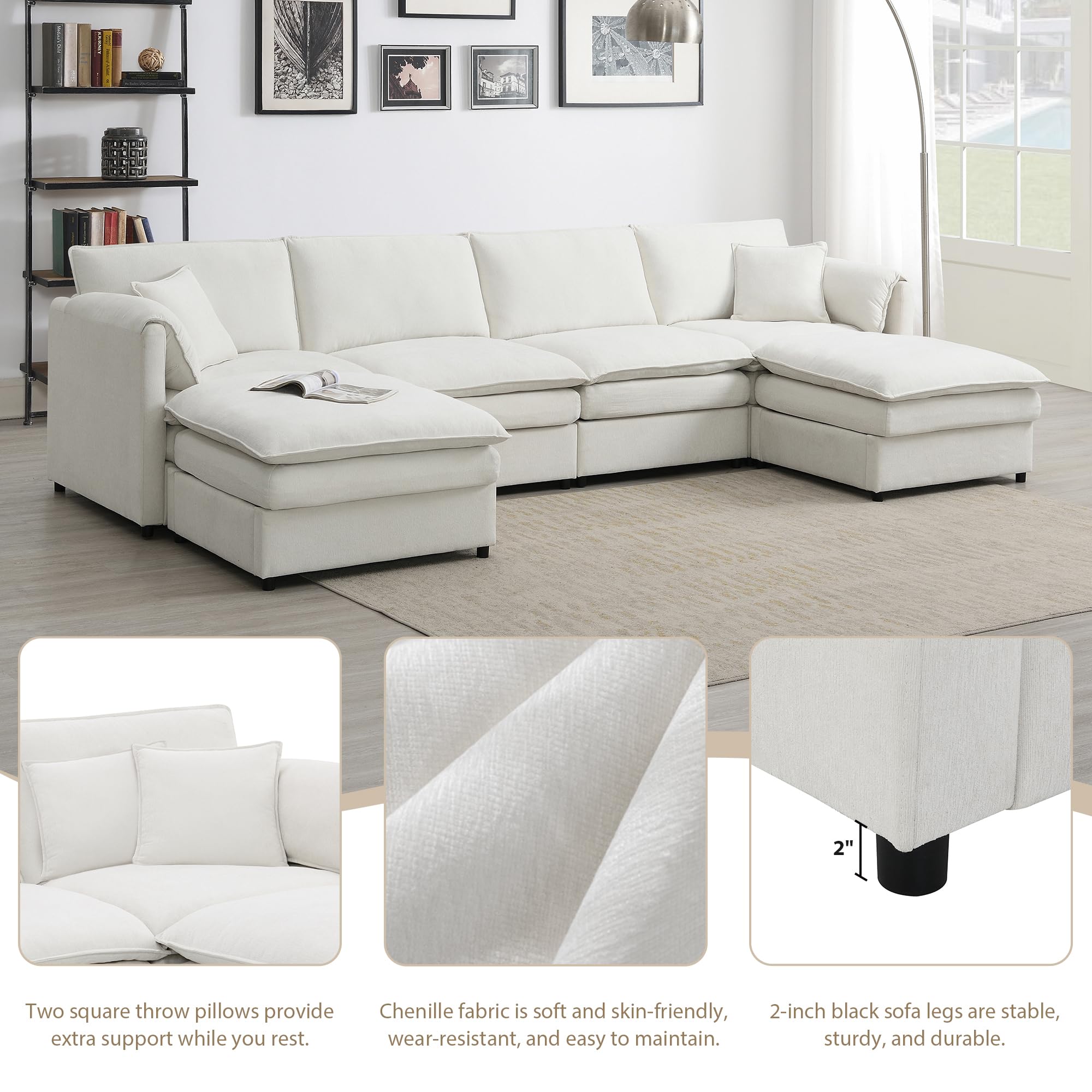 Modern 6-Seat Chenille Modular Sectional Sofa for Living Room, U-Shaped Cloud Couch Set with Double Cushions,Ottomans Cream