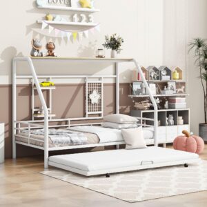 linique twin size metal house bed with trundle,twin size platform metal bedframes with built-in shelf and grid,white