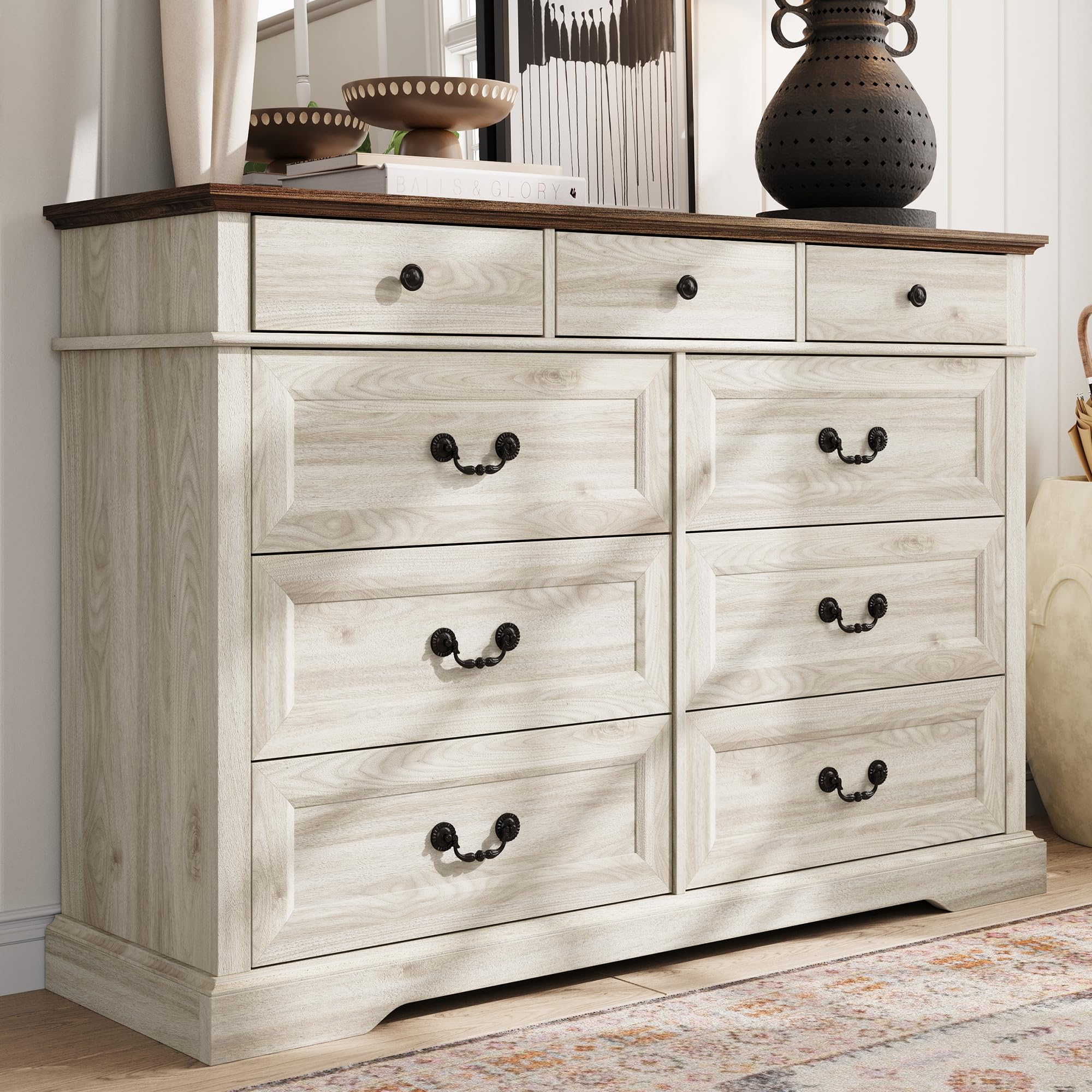 LINSY HOME Farmhouse 9 Drawers Dresser for Bedroom, Wood Bedroom Dresser Wide Chest of Drawers, French Country Storage Double Dressers Organizer for Bedroom, Living Room, Beige