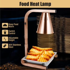 Restlrious Food Heat Lamp Freestanding Commercial Head Food Warmer, Gold Frame Stainless Steel 120V Electric Fan-Shaped Lampshade Food Heat Lamp with 250W Bulb & 1/2 Food Pan, for Buffet Food Service