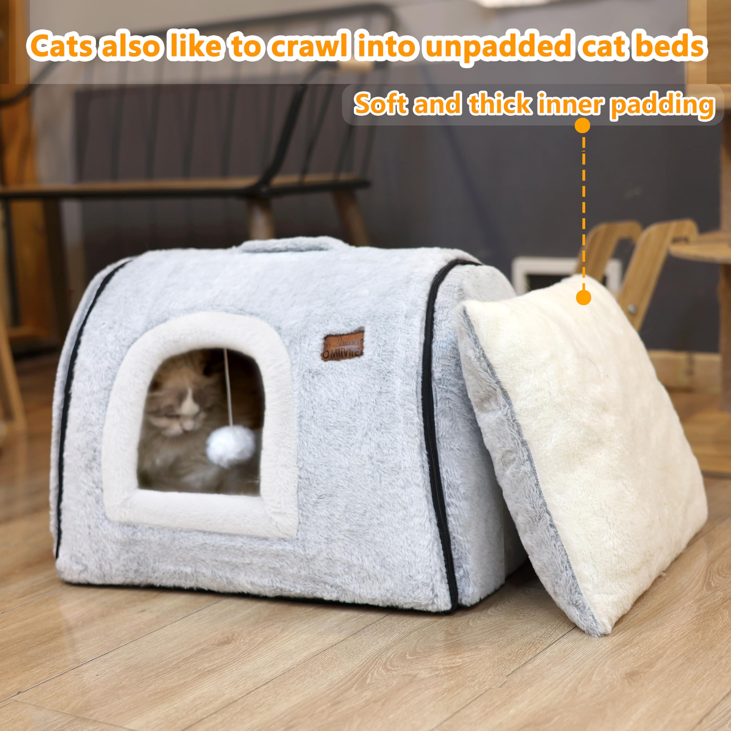 OMLIVLIES cat Bed cave-cat beds for Indoor Cats,Soft and Comfortable Cute cat Bed，cat House,with Removable Washable Cushioned Pillow,Enclosed cat Bed,Kitty cat hut、Hideaway,Small Dog Tent Grey