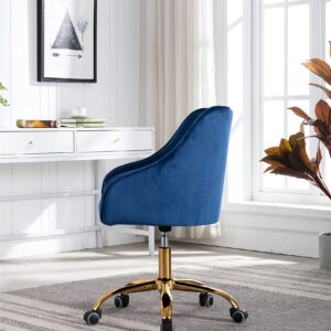 Warmiehomy Velvet Desk Chair with Wheels, Gold Base Office Chair Adjustable Ergonomic Computer Chair Tufted Back Swivel Vanity Chair for Office Living Room Bedroom,Navy