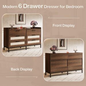 Tribesigns 6-Drawer Dresser for Bedroom, 55" Mid-Century Rustic Chest of Drawers, Wide Wood Storage Long Double Dresser Organizer for Nursery Bedroom Living Room Closet, Dark Brown