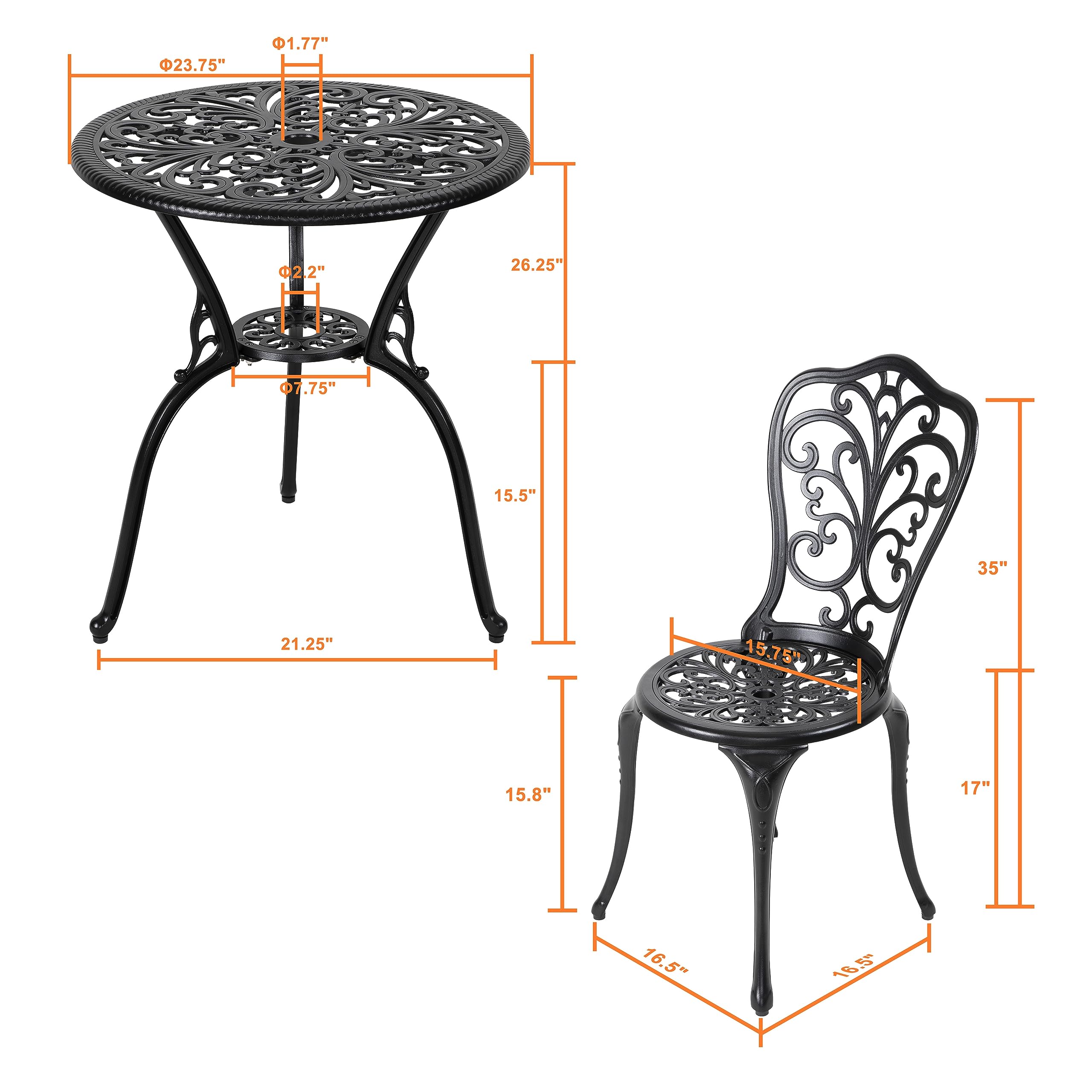 NUU GARDEN 3 Piece Bistro Set Outdoor, All Weather Cast Aluminum Patio Bistro Sets Patio Table and Chairs Set of 2 with Umbrella Hole for Yard, Balcony, Black, Butterfly Backrest