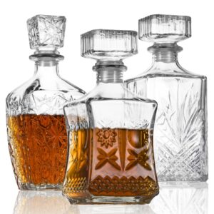 lawadach liquor decanters whiskey decanter set of 3 glass alcohol bottle for tequila, brandy and vodka unique liquor bar and party decorations (28oz*2, 31oz*1)